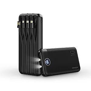ANOUV Portable Charger with Built in Cables,10000mAh Slim USB C Power Bank,5 Output 3 Input 2 Flashlight LED Display External Battery Pack Compatible with Cell Phone and Most Smart Devices（1 Pack）