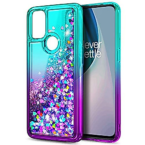 NZND Case for OnePlus Nord N10 5G with Tempered Glass Screen Protector (Full Coverage), Sparkle Glitter Flowing Liquid Women Girls Cute Phone Case (Aqua/Purple)
