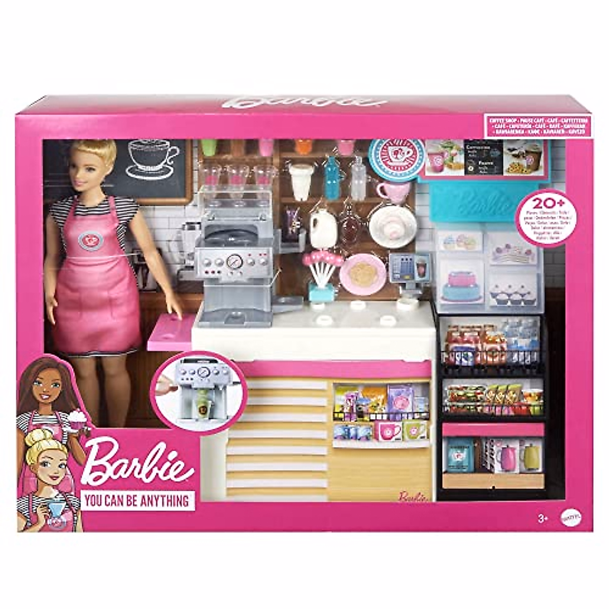 Barbie Coffee Shop with Doll and 20+ Realistic Play Pieces: Coffee Shop, Coffee-Smoothie Maker, Milk, Syrup, Snacks & More; for Ages 3 Years Old & Up - GMW03