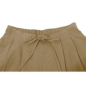 ebossy Women's Summer Drawstring Elastic Waist Cotton Linen Utility Beach Palazzo Pants Pockets (XL, Khaki)