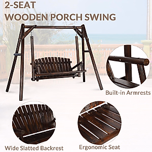 EPICOZY 2-Seat Porch Swing, Wooden Log Patio Swing Chair Bench with Stand, Rustic Hardwood Swing Chair with Curved Back, Wood Seating Porch Swings for Outside Yard, Garden, Deck, Poolside, Carbonized