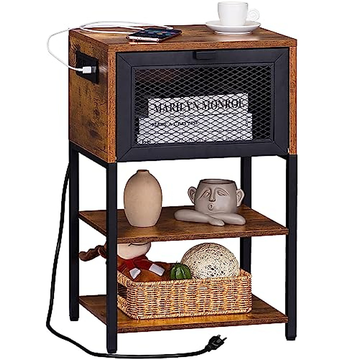 LEBOAHOUS Nightstand with Charging Station and USB Port, 3 Tier Industrial Night Stand, Bedside Table with Flip Storage Drawer and Open Shelf, End Side Table for Bedroom, Office, Dorm 26.2''H (Brown)