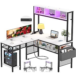Unikito L Shaped Computer Desk with LED Strip and Power Outlets, Storage Shelves and Bag, Industrial Reversible Gaming Table Writing Corner Desk for Home Office Workstation, White