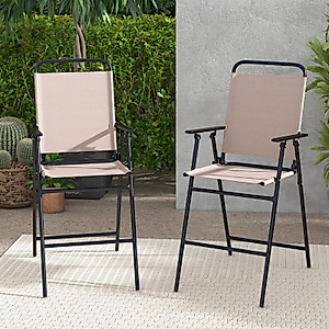 Tangkula Outdoor Folding Bar Stool Set of 4, Patio Dining Chairs w/Breathable Fabric & Metal Frame, Outdoor Bar-Height Stools w/Armrests, Portable Bar Chairs for Backyard Poolside Balcony