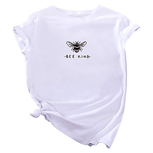 wodceeke Women's Simple Bee Print Basic T-Shirt Short Sleeve Round Neck Solid Color Tee Summer Casual Loose Top (White, M)