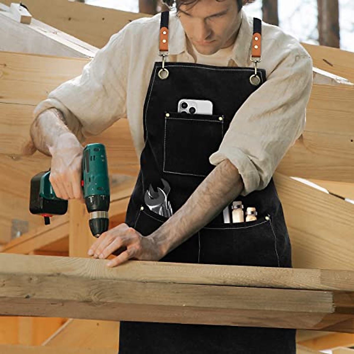 NLUS Chef Apron for Men, Heavy Duty Cotton Canvas Apron Cross Back Apron with Adjustable Straps and Large Pockets