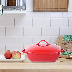 Ceramic Bread Pan Ceramic Cooking Dish Nordic Binaural Cake Dessert Bread Baking Pan with Cover Lid Micro Oven Square Plate Tray for Home Kitchen Shop Red Ceramic Loaf Pan