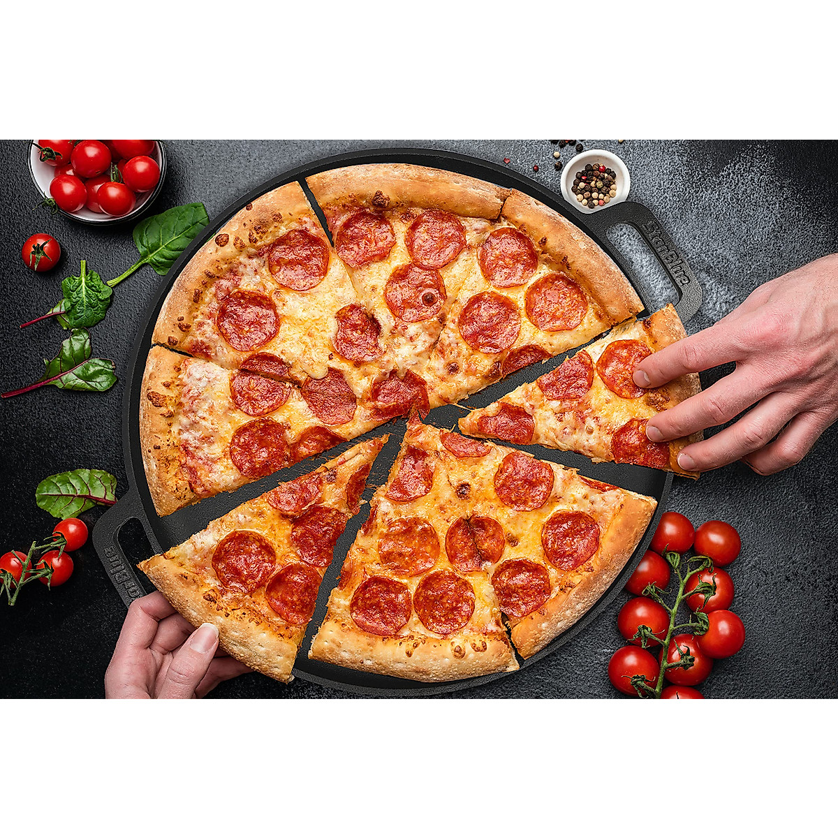 16 Inch Cast Iron Pizza Pan Round Griddle by StarBlue with FREE Silicone Handles and 30 Recipes Ebook– Pre-Seasoned Comal, Kitchen Essentials for Pizza Lovers, Baking, Grill, BBQ, Stove Oven Safe