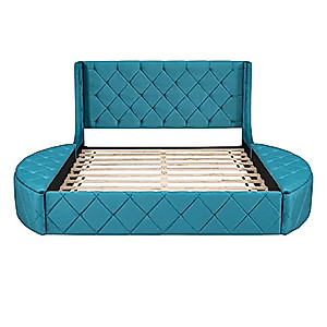 UBGO Queen Upholstered Platform Size Wingback Headboard and 1 Big Drawer,2 Side Stool,Velvet Storage Bed Frame,No Box Spring Needed/Easy Assembly, Blue e