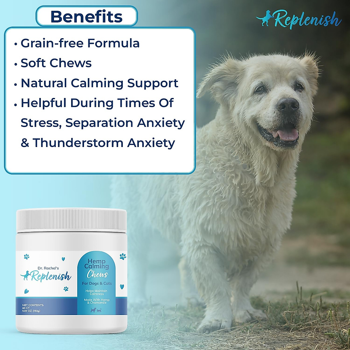 Replenish Hemp Calming Chews for Dogs and Cats - Dr. Rachel's Dog Calming Treats, Soothing Botanicals, Grain-Free, Anxiety Relief, Stress Support - 60 Count