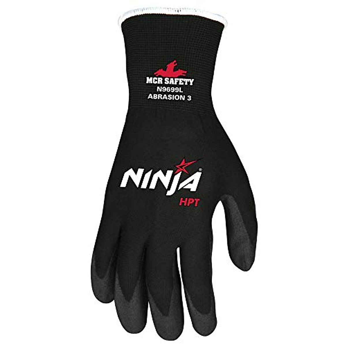 MCR Safety Ninja HPT N9699XL Work Gloves, 15 Gauge Nylon Shell, Hydropellent Technolgy(HPT) Water Repellent Coated Palm & Fingertips, X-Large, black