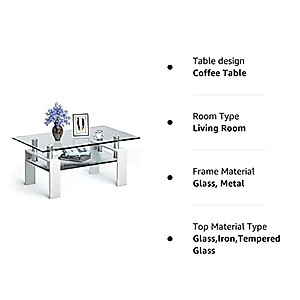 Tangkula Rectangular Glass Coffee Table, Modern Side Coffee Table w/Lower Shelf, Tempered Glass Tabletop & Metal Legs, Suitable for Living Room Office (White)