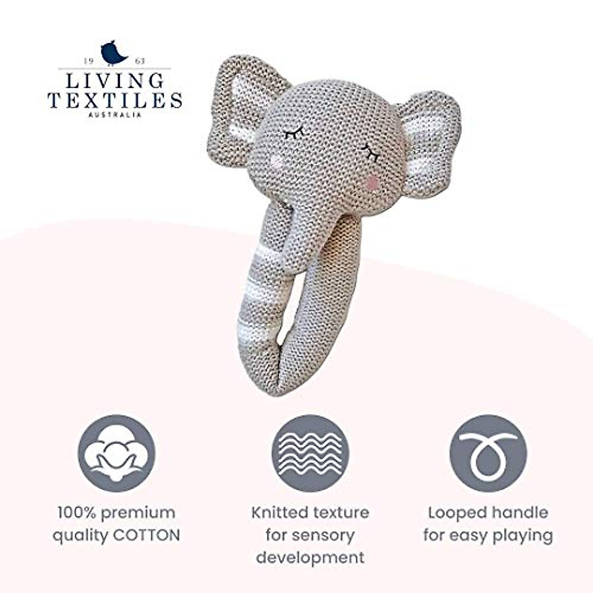 Living Textiles Baby Knitted Toy Rattle - Theodore Elephant - Premium 100% Cotton Super Cute Soft & Fun Stuffed Animal Character | for Infant,Newborn,Nursery,Stuff,Knit,Gift,Shower,Unisex