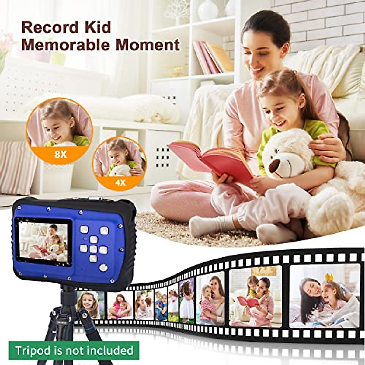 Kids Digital Camera-12 MP Children's Camera IP54 Rainproof Compact Video Camera with Flash,8X Digital Zoom, Point and Shoot Cameras for 3-14 Year Old Teen Boys Girls Christmas Birthday Gifts