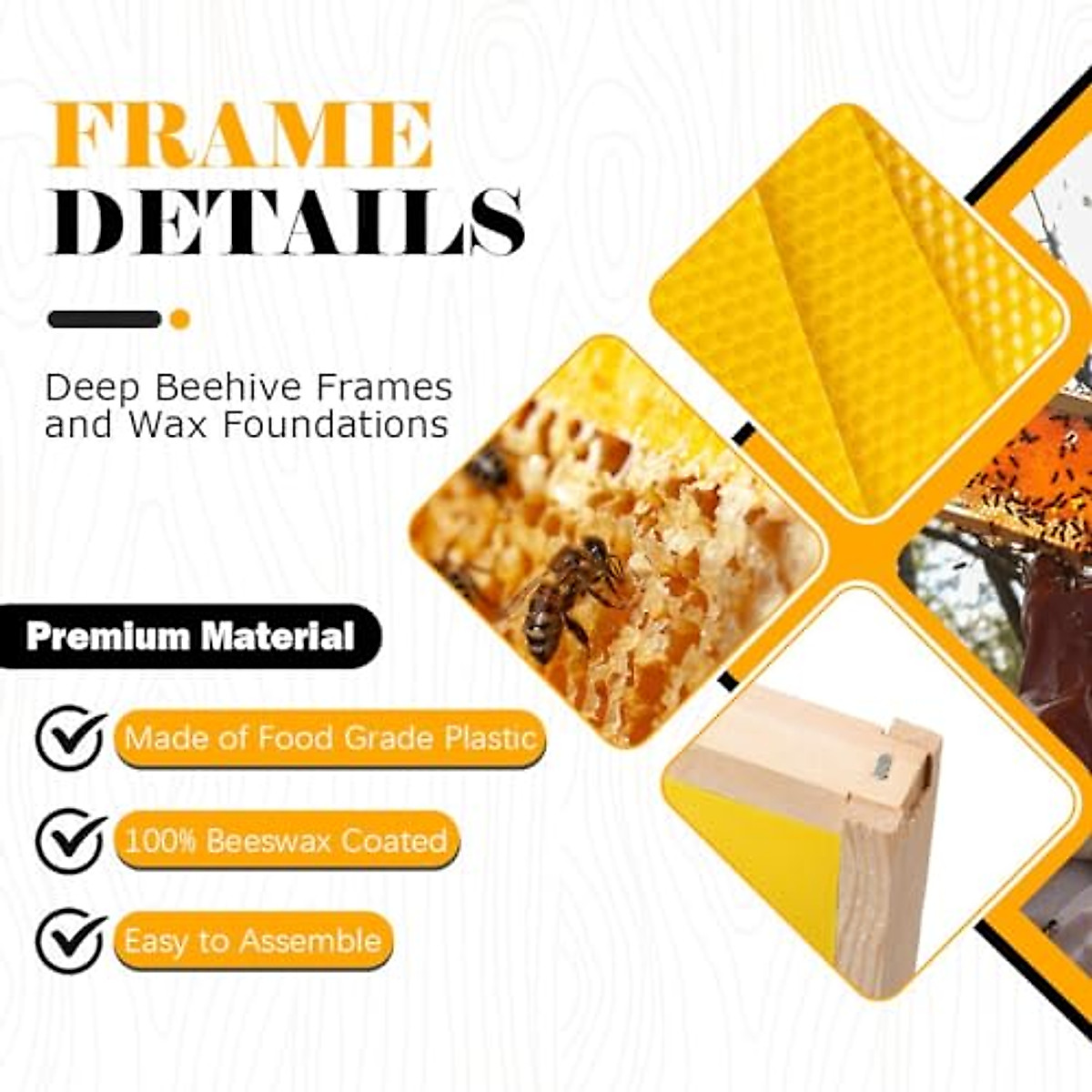 BeeCastle 10 Pack Beehive Frames and Wax Foundations for Deep Brood Bee Hives with Wooden Bee Hive Frames and 100% Beeswax Coated Foundations, 9-1/8-Inch (Yellow)