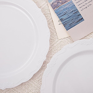 DaYammi 60PCS White Plastic Plates, Heavy Duty White Disposable Premium 7.5inch Dessert Cake Salad Appetizer Plates Hard Plastic Platos Disposable for Party Wedding