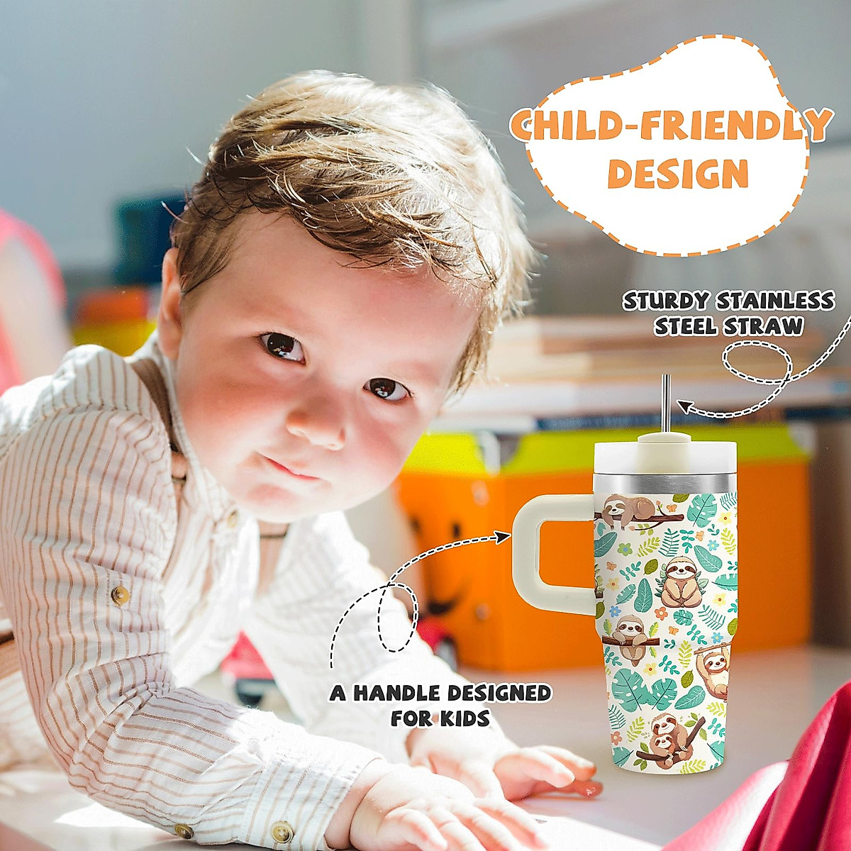 Sloth Gifts, Sloth Tumbler with Handle and Straw for Kids 14oz, Stainless Steel Insulated Travel Mugs, Animal Themed Gift for Boys Girls on Birthday Christmas