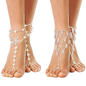 2 Pairs Barefoot Sandals- Beach Anklet Chain with Starfish for Women Lady's Beach Wedding Foot Jewelry Party Accessories (rhinestone+seastar)