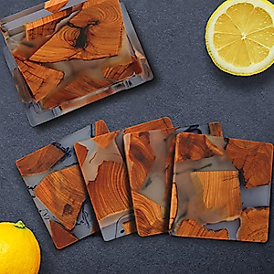 Wood Coasters with Holder, GOH DODD Wooden Drink Coasters Set, Modern Epoxy Coasters, Suitable for Most Kinds of Cups, 6 Pieces, Square