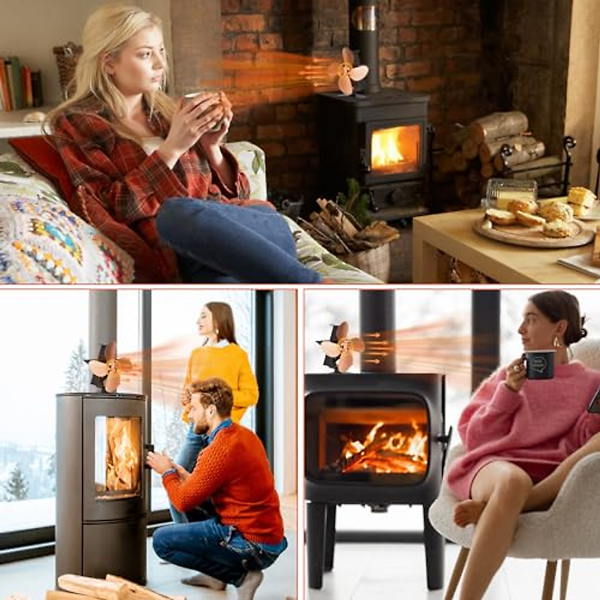 Kiriner Wood Stove Fan, 4 Blades Heat Powered Fireplace Fans for Wood/Log Burner/Fireplace, Quiet, Eco-Friendly Black Stove Fans, Circulating Warm Air Saving Fuel