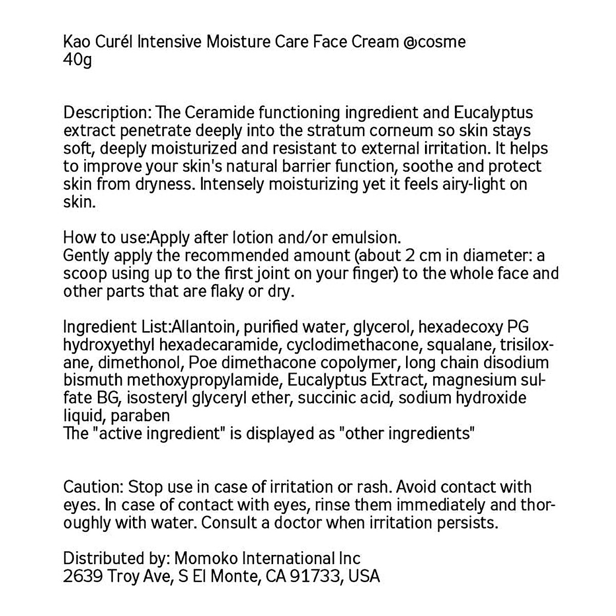 CUREL Intensive Moisture Care Moisturizer Cream 40g -helps to improve your skin's natural barrier function, soothe and protect skin from dryness