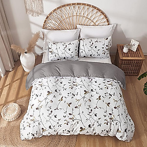 Lekesky Reversible Duvet Cover King Size, White Grey Tree Branch Pattern Comforter Cover King 3pc Super Soft Microfiber Breathable Botanical Bedding Sets with Zipper Ties