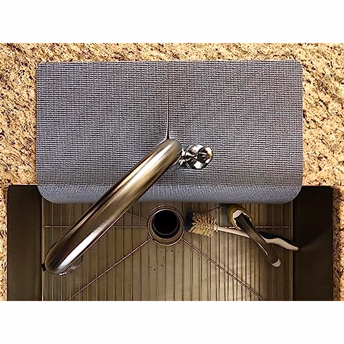 Gray, Kitchen sink faucet splash guard/guards faucet area from water damage, chipping and too much wiping, copyright 2017/TM/Patent Approved (17 in. width x 23 in. length)