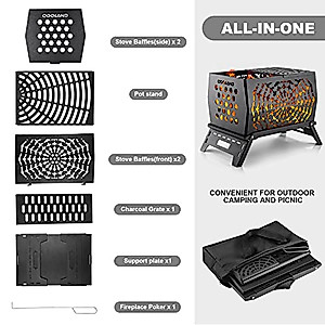 Odoland Camping Charcoal Grills, Portable Bonfire Fire Pit with Grill, Carry Bag Rectangle Cast Iron Fire Pit for Outdoor Cooking, Patio Backyard, Barbecue, Honeycomb