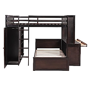 SOFTSEA Full Over Twin Bunk Bed with Desk, Full Size Loft Bed with Wardrobe and Storage, Wood Loft Bed with Stand-Alone Bed for Kids Teens (Espresso)