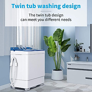 Portable Washing Machine 26lbs Capacity, Mini Twin Tub Washer Compact Laundry Machine with Built-in Drain Pump, Semi-Automatic Laundry Washer 18lbs Washer 8lbs Spinner for Dorms, Apartments, RVs