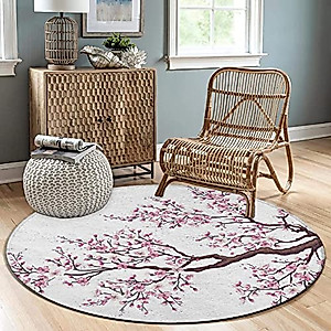 Round Area Rugs 3ft Diameter Throw Rugs Non-Slip Floor Carpet for Bedroom Living Room Nursery Decor (Branch of A Flourishing Tree Flowers Cherry Blossoms Spring Theme Art White)