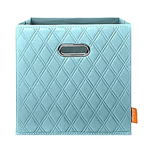 JIAessentials Large 13-inch Blue Foldable Diamond Patterned Faux Leather Storage Cube Bins Set of Four with Handles with Dual Handles for living room, bedroom and office storage