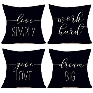 Doitely Simple Quote Black Pillow Covers 18x18 Inch Set of 4 Live Simply, Work Hard, Give Love, Dream Big Cotton Linen Cushion Cover for Home Sofa Chair Decor Inspiring Words Farmhouse Pillow Case