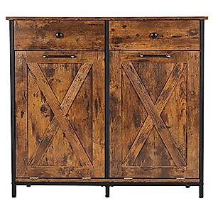 UEV Double Barn Door Style Trash Cabinet, Double Tilt Out Trash Cabinet with Solid Hideaway Drawer,Rustic Kitchen Trash Cabinet,Free Standing Wooden Kitchen Recycling Cabinet Trash Can Holder