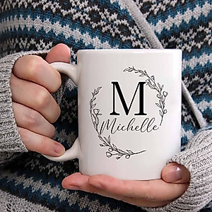 Personalized Name & Initial Letter Monogram Floral Alphabet White Coffee Mug Cup 11 15 Oz, Alphabet Accent Cup, Vintage Initial Monogram Travel Mug Gift For Men Women,Custom Name Initial Alphabet Mug