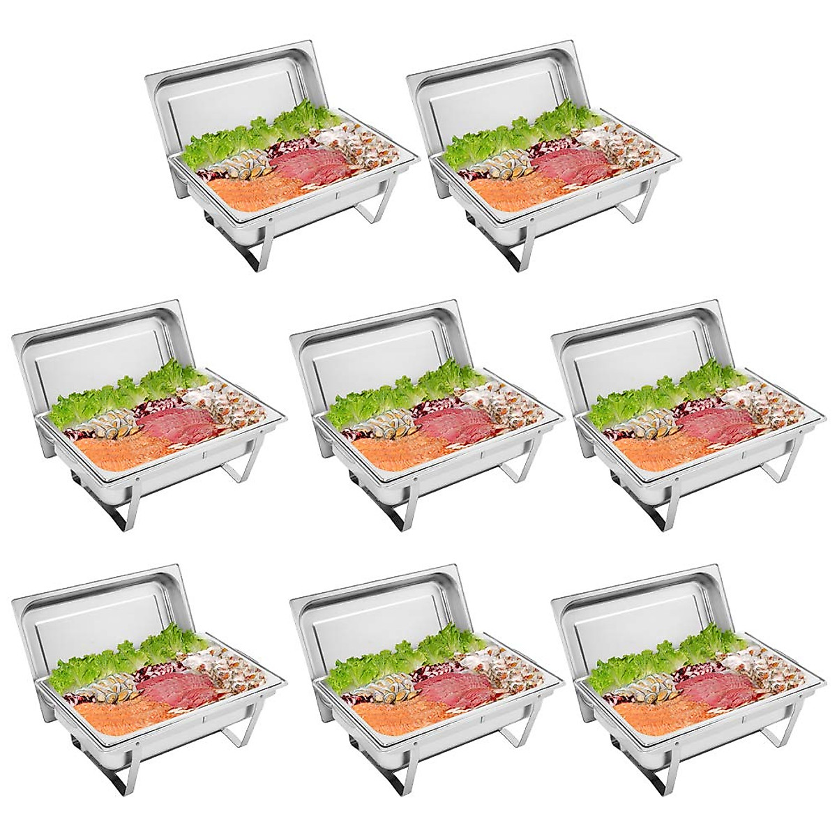 ROVSUN 8 Qt 8 Pack Full Size Stainless Steel Chafing Dishes Buffet Set, NSF Silver Rectangular Catering Chafer Warmer Set with Trays Pan Lid Folding Frame Stand for Kitchen Party Banquet Dining