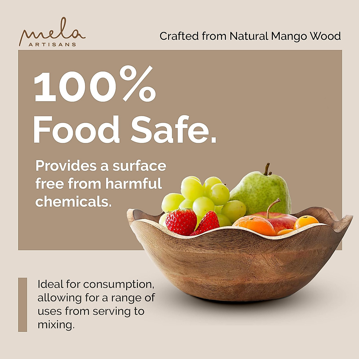 Mela Artisans Wooden Scalloped Bowl - Large | Ruffle Decorative Style | Rustic Kitchen Decor | Mango Wood | Natural Grain Finish | Fits Bread, Fruits, Salad or Popcorn | 12” x 4” x 11”