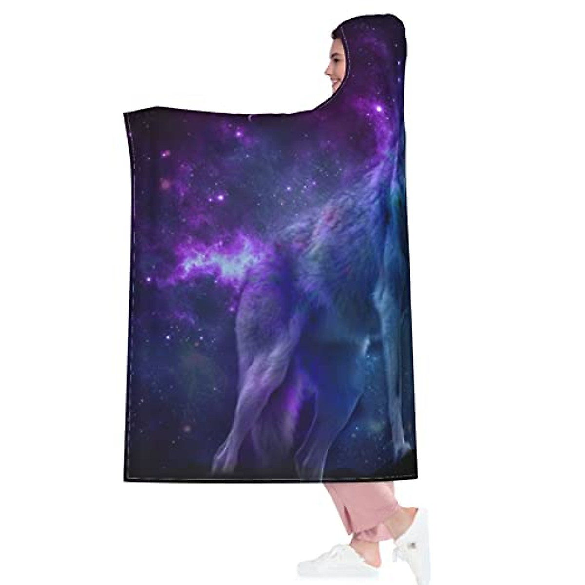 Galaxy Wolf Hooded Blanket Anti-Pilling Flannel Wearable Blanket Hoodie-Plush Warm Blanket Throw Blankets Fit for Kids, Adults, Teens