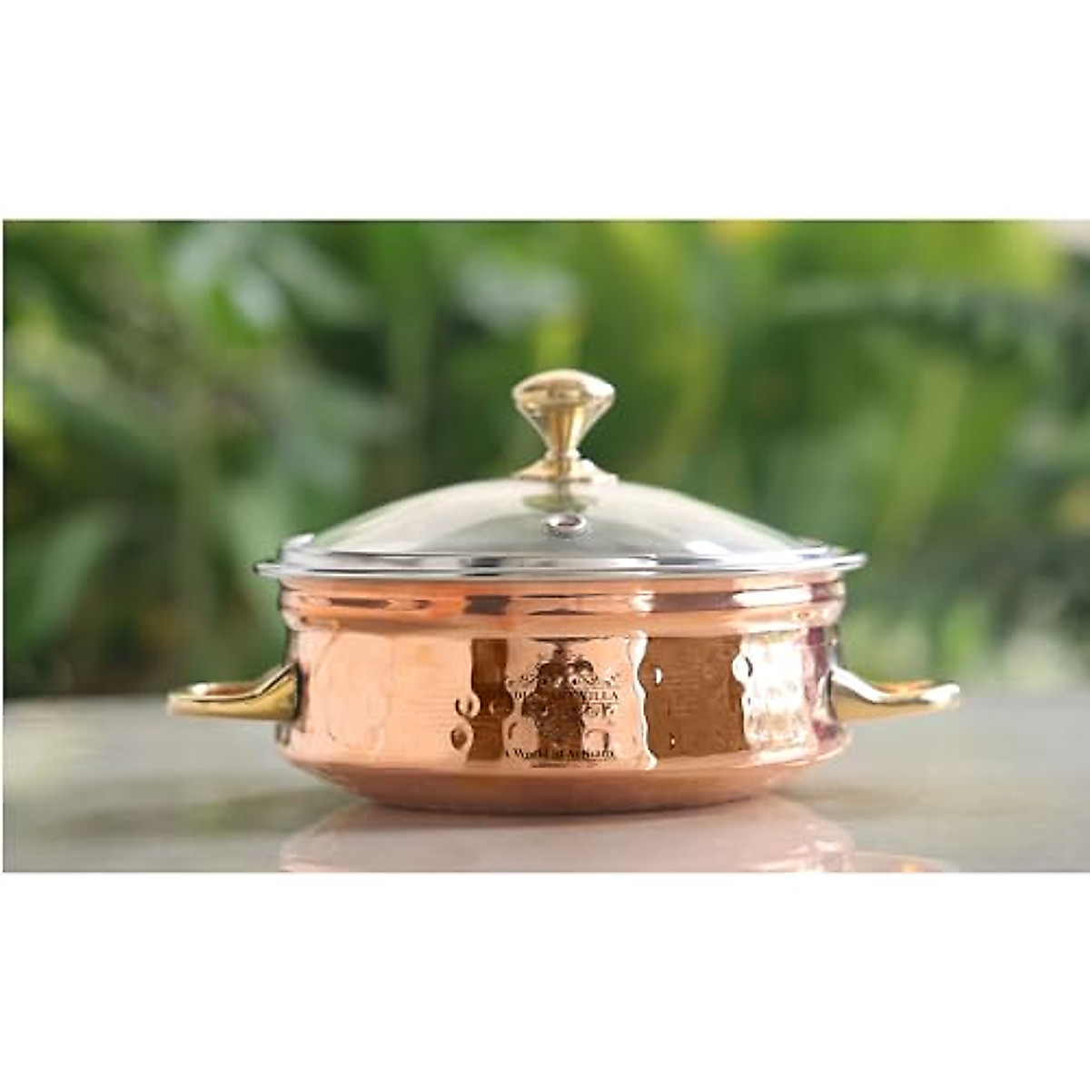 IndianArtVilla Steel Copper Handi Bowl with Brass Handle & Glass Lid, Serving Indian Dishes, 24 OZ