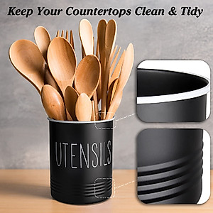 Farmhouse Utensil Holder, 6.7″Kitchen Utensil Holder for Kitchen Tools, Galvanized Steel Utensil Holder for Kitchen Counter, Utensil Caddy with Cork Bottom, for Kitchen Décor, Christmas Gift, Black