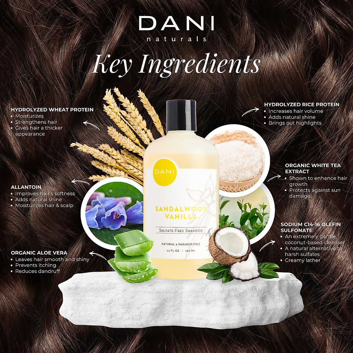 DANI Natural Moisturizing Shampoo Naturals - Warm Sandalwood Vanilla Essential Oil - Organic Aloe Vera & Coconut Cleansers - Sulfate, Phthalate & Paraben Free - Vegan & Cruelty Free - 12 Ounces