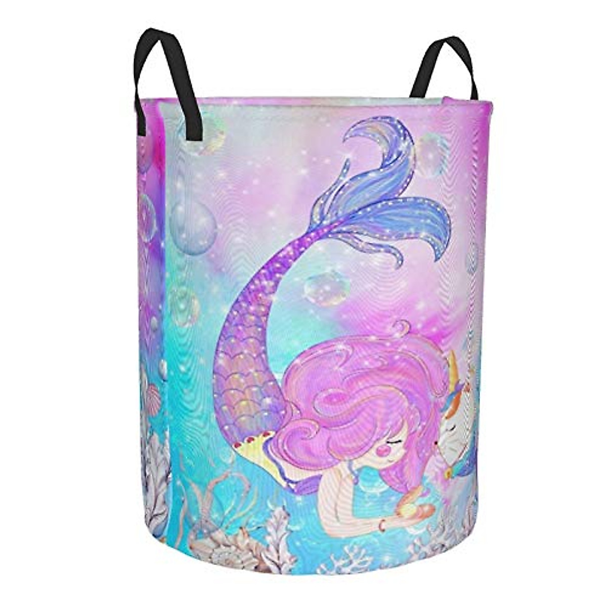 KiuLoam Girls Mermaid and Narwhal Laundry Baskets, Bedroom Hamper Collapsible Waterproof Oxford Fabric with Handle Foldable Cloth Washing Bin Tote Bag (16.5 Inches)