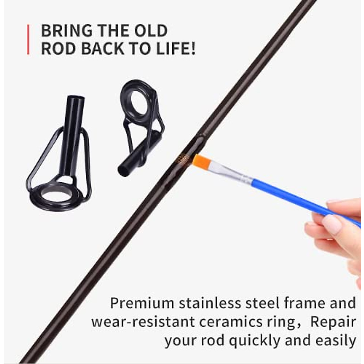 Hifisher Fishing Rod Tip Repair Kit: 40pcs 8 Sizes Top Guides,1oz Epoxy Resin, Brush, Measure Cup, Fishing Rod Guides Replacement kit, Stainless Steel Ceramic Ring Guide Tips