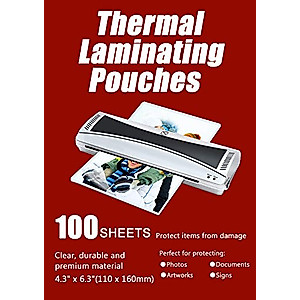 Halcent 4"x6" Thermal Laminating Pouches, 3 mil Thermal Laminator Pouches Sheets for Sealed Photo Card Documents, Glossy Laminate Pouch 100-Pack(4.3" x 6.3")