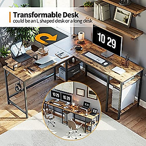 CubiCubi L Shaped Desk with Storage, 94.8 Inch Reversible Corner Computer Desk or 2 Person Long Table Desk, Home Office Large Gaming Writing Storage Workstation with Monitor Stand, Rustic Brown