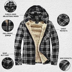 Elesuit Men's Flannel Shirt Jacket Fleece Lined Plaid Coat Full Zip Up Hoodie Winter Outwear Black X-Large