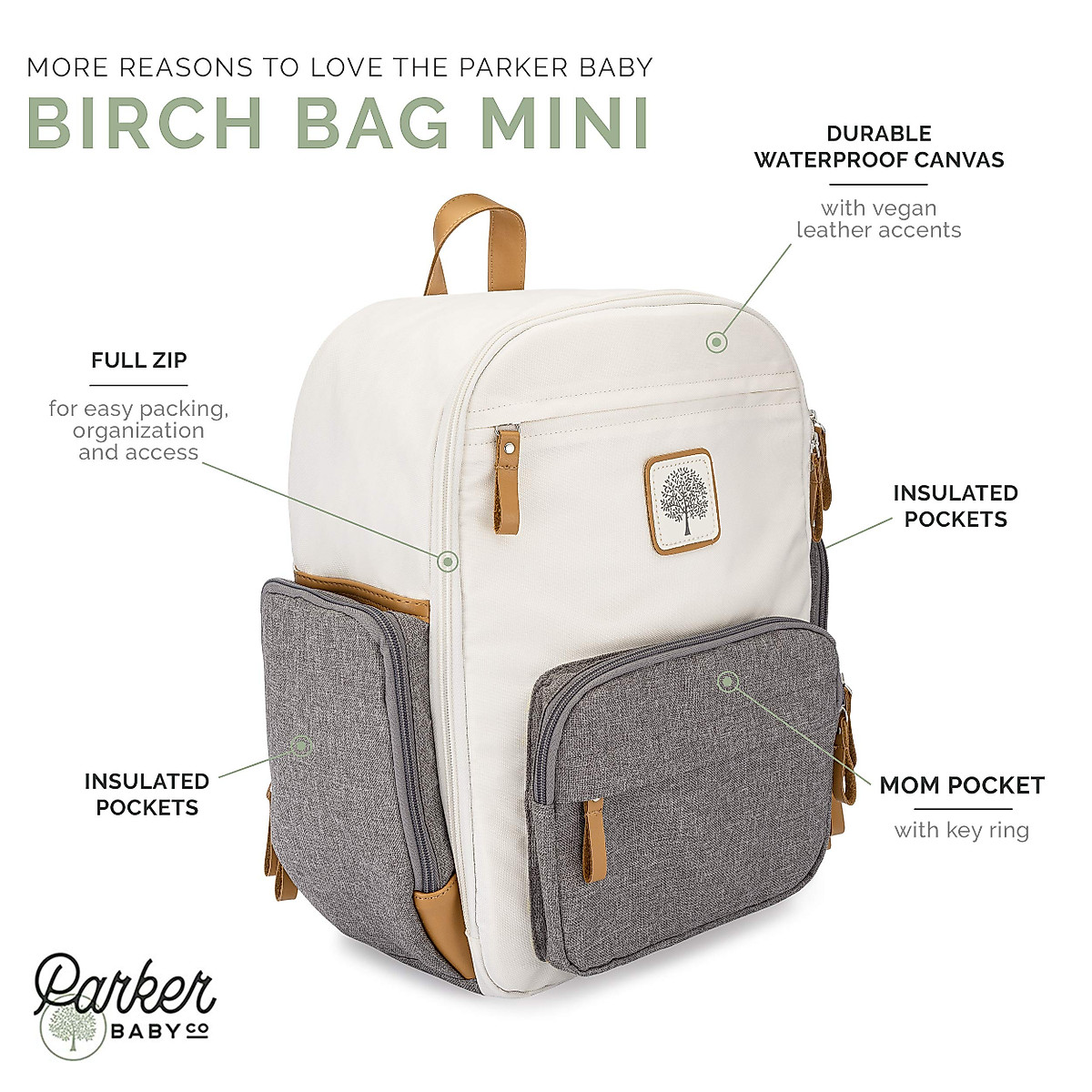 Parker Baby Diaper Backpack - Full Zip Diaper Bag with Insulated Pockets - Cream
