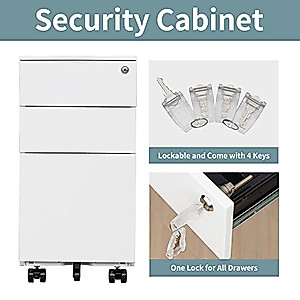 HISTEEL 3 Drawer Vertical File Cabinet,Mobile Filing Cabinet for Legal/Letter/A4 File,11.81" x 17.72" x 23.62", White