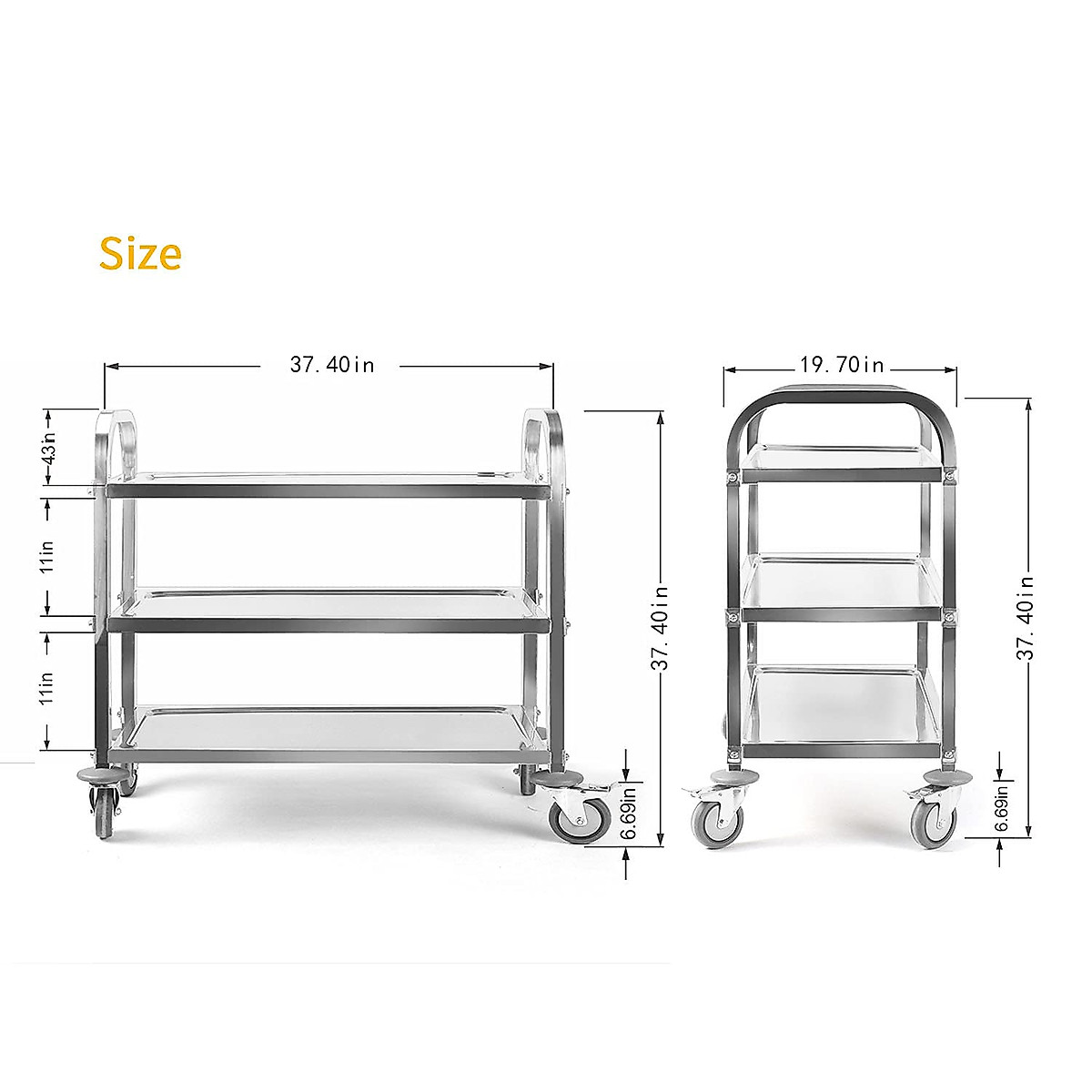 tonchean Large 3 Tier Stainless Steel Cart Kitchen Trolley Cart Serving Cart 37.4 x 19.7 x 37.4 Inch Kitchen Utility Rolling Cart Service Catering Storage Cart with Locking Wheels