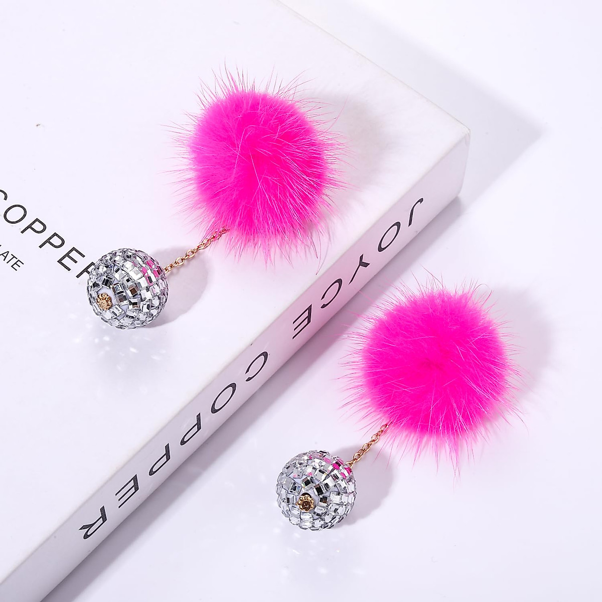 Hot Pink Earrings Disco Ball Earring for Women Pom Pom Dangle Earrings Reflective Mirrorball Earrings 70s 80s Disco Dance Party Costume Accessories Cowgirl Country Concert Outfits Halloween New Year